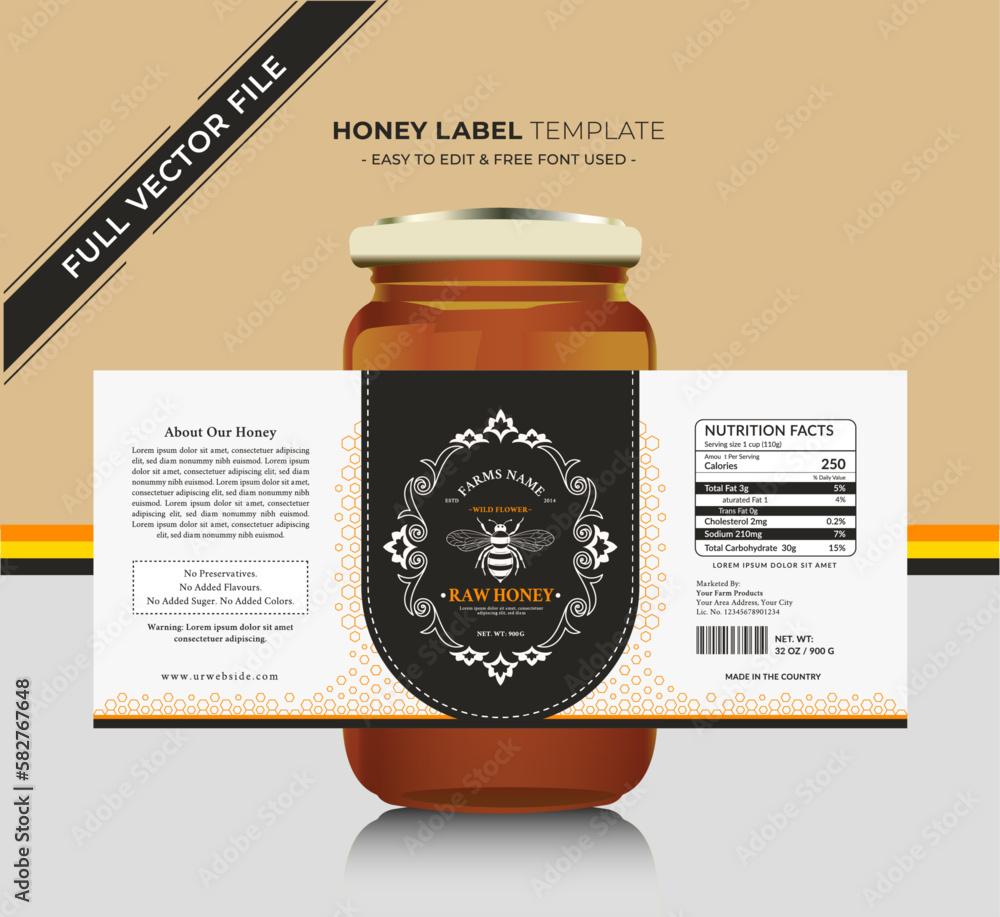Ray honey design and natural pure honey bee label with vector new honey ...