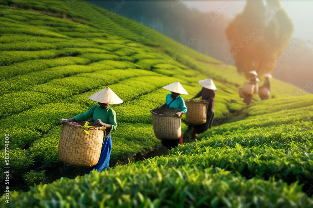workers in tea plantation. generative AI Stock Illustration | Adobe Stock