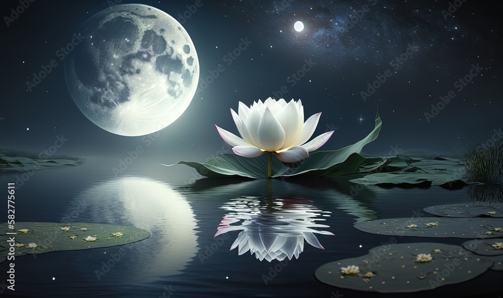 a white lotus sitting on top of a lake under a full moon filled sky ...