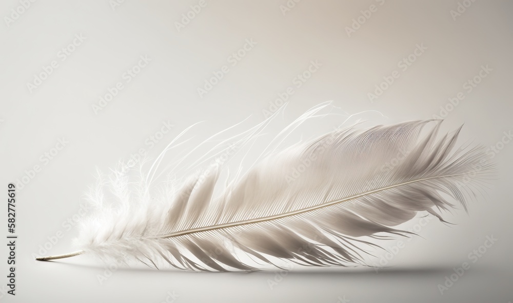 a white feather on a white background with a shadow of the feather on ...