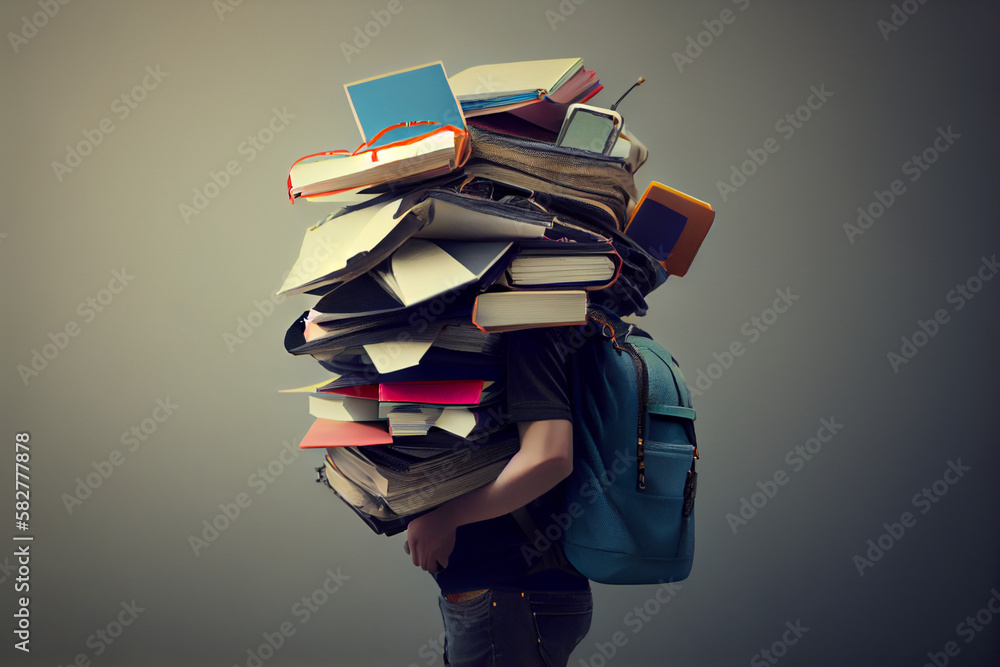 Abstract illustration of a student or office clerk with a pile of books ...