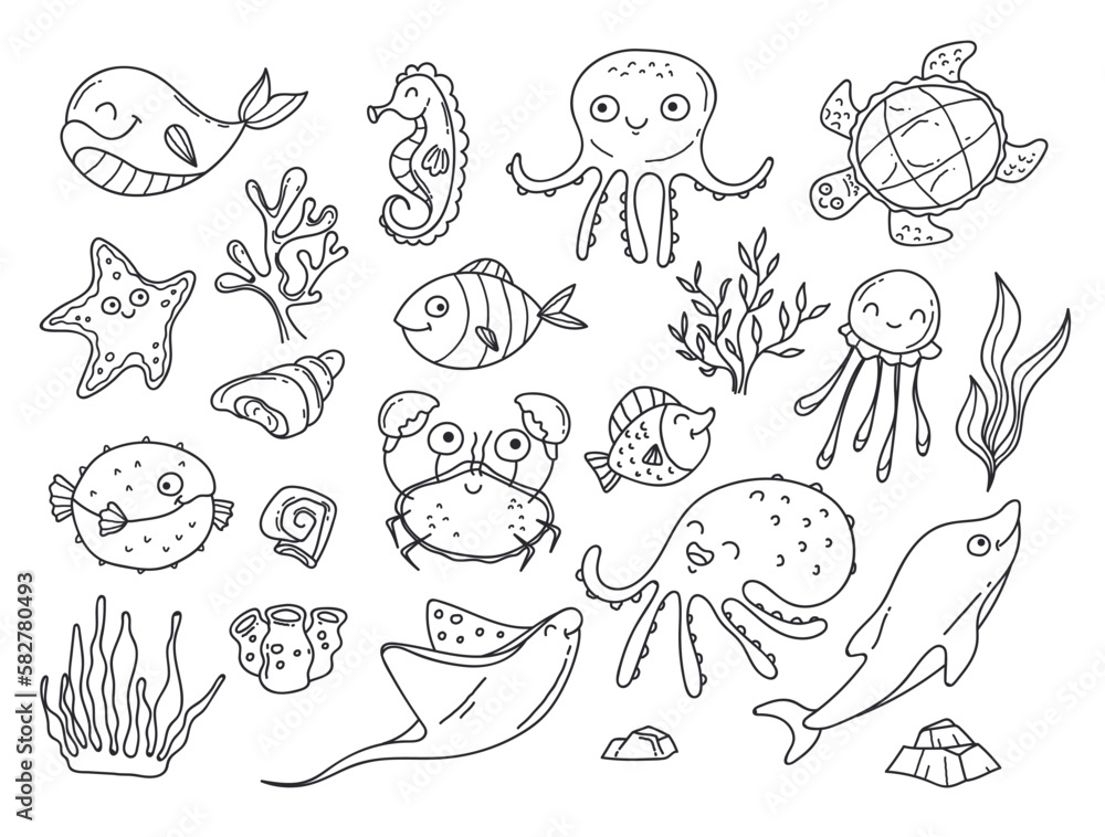 Sea animal marine underwater doodle line art style isolated set. Vector ...