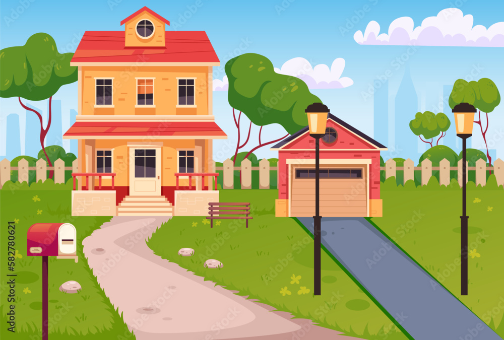 Country house exterior landscape garden scene background concept ...