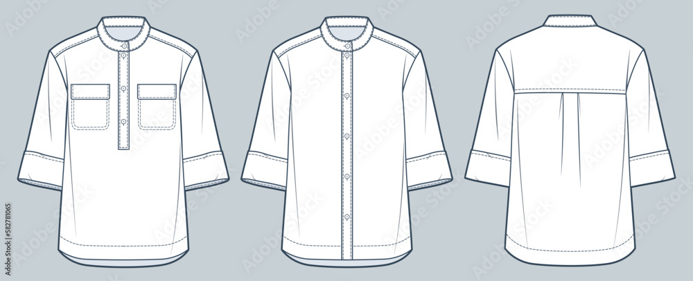Set of Band Collar Shirts technical fashion Illustration. Short Sleeve ...