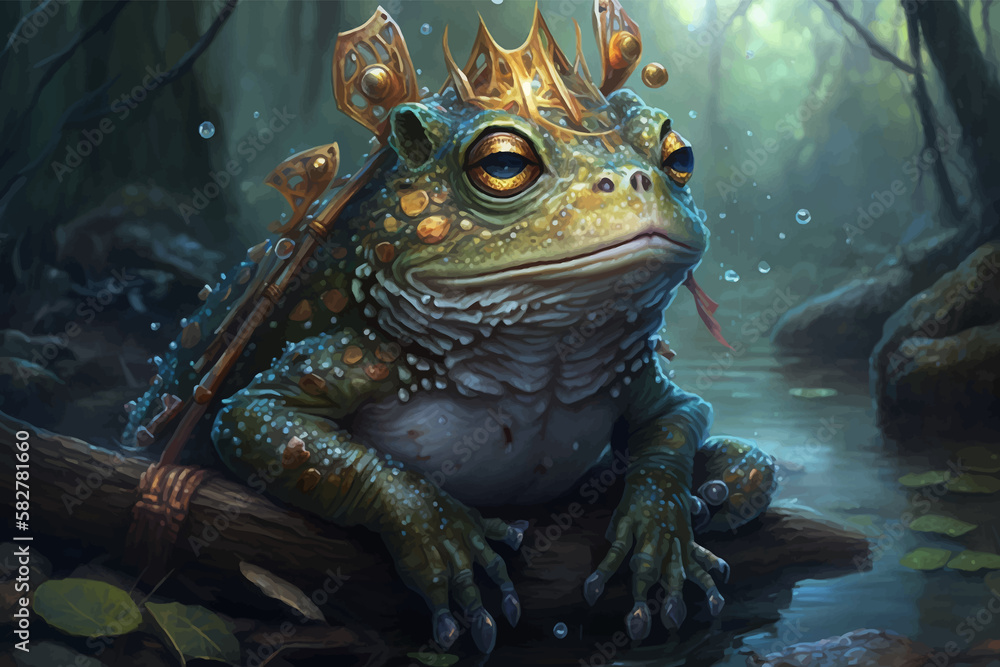 Fantasy illustration of a frog with a crown sitting on a log ...