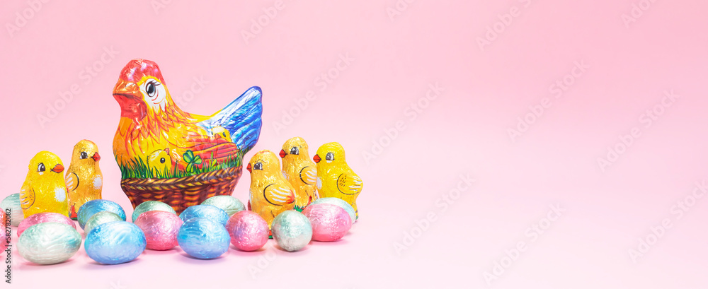 Banner Chocolate chicken, hen with colorful bright sweet eggs wrapped ...