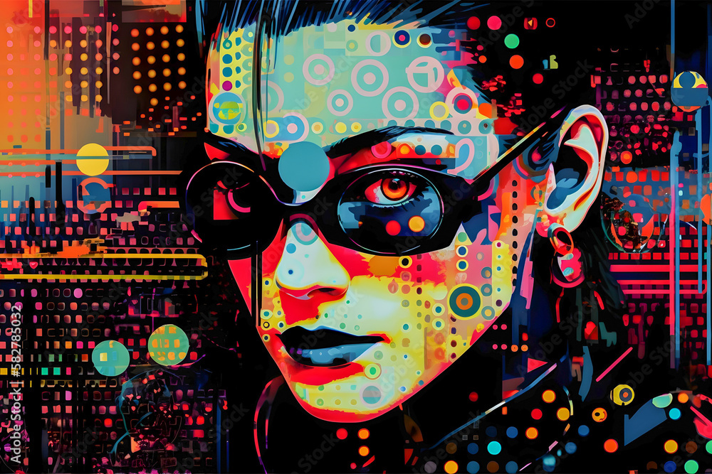 Cyberpunk woman, matrix background, schematic, project engineering ...