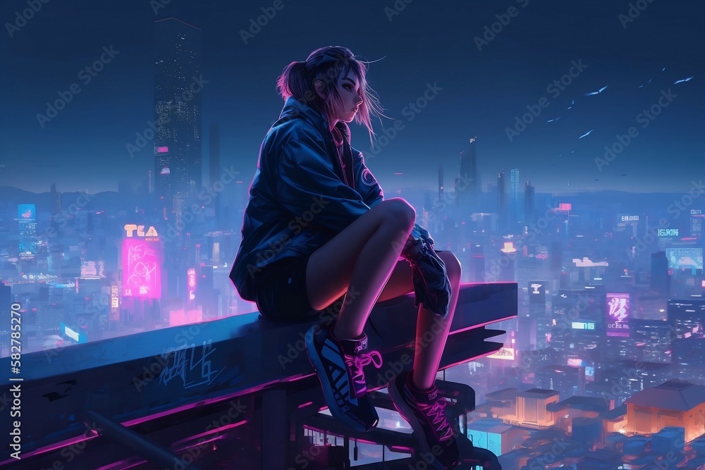 girl sitting on a ledge, cyberpunk, anime style. generative AI Stock ...