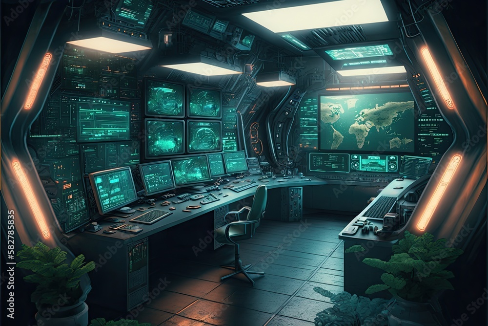 Control command center room concept generative AI illustration. Stock ...