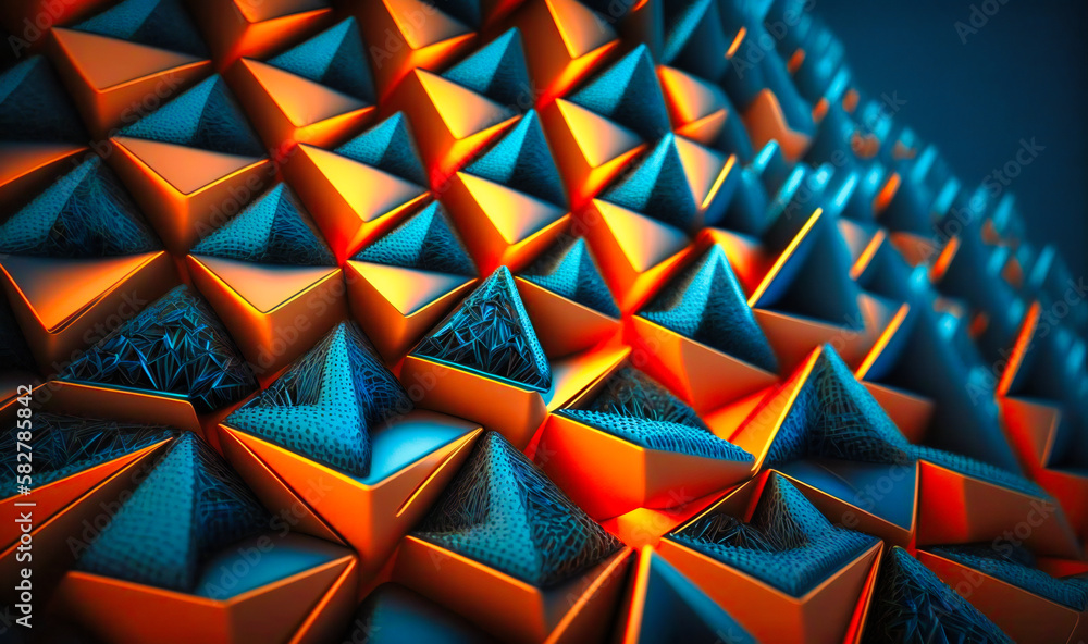 An intricate tessellation of triangular shapes in bold colors creates a ...