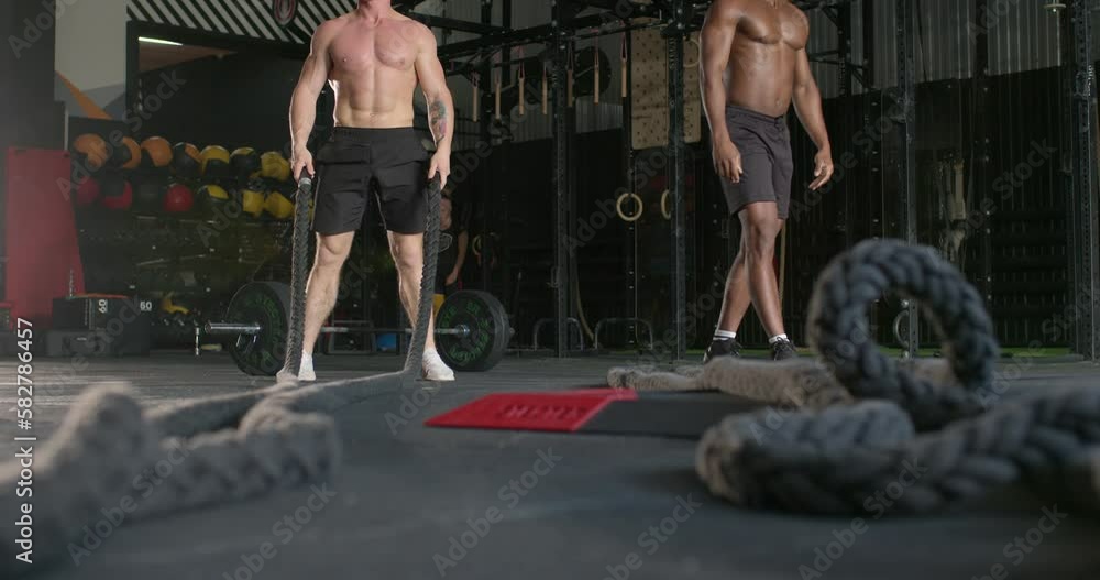 sweaty motivated ambitious Caucasian and Afro sportsmen increase full ...