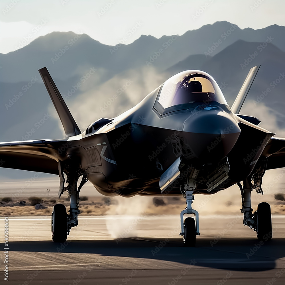 A modern F-35 Fighter Jet taking off from an air force base. Concept of ...