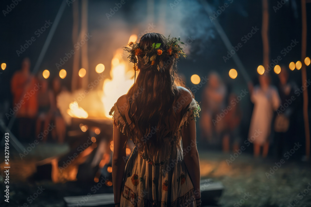 Beltane Celebration: Woman Participating in a Ritual Around a Bonfire ...