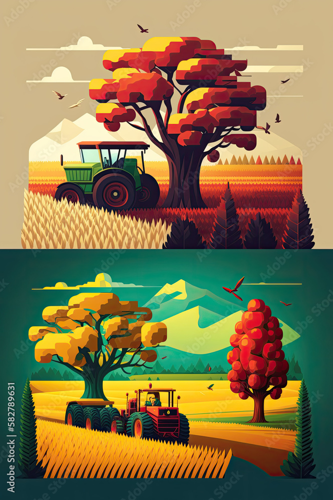 Agriculture, nature and farming. Harvest, tractor, field, trees and ...
