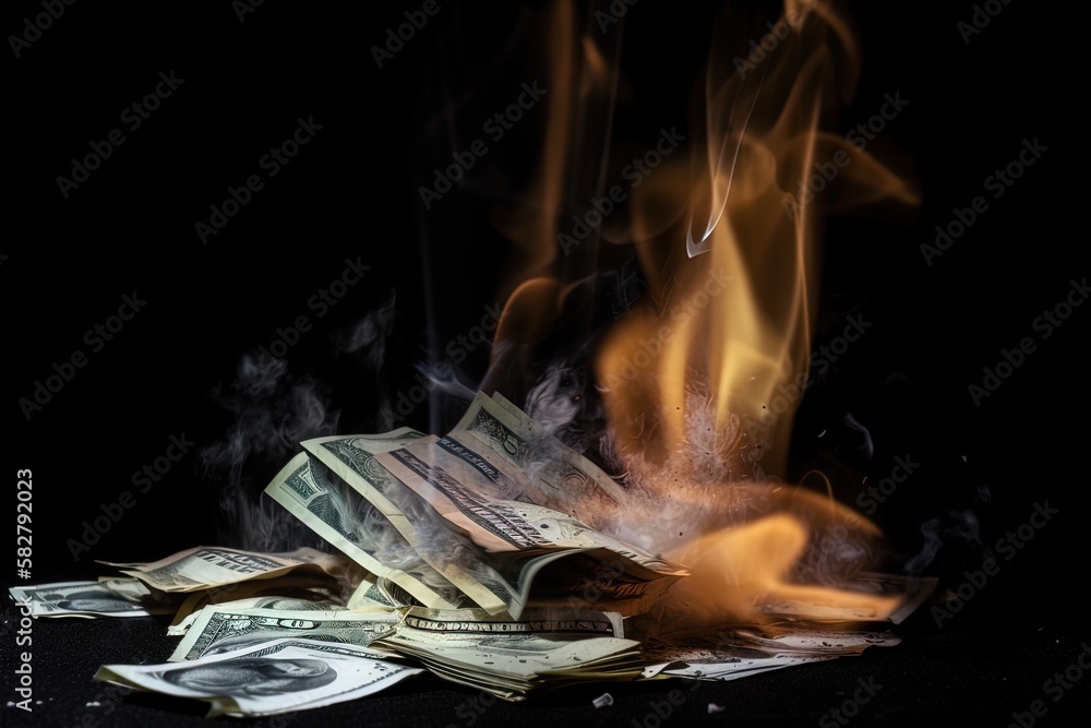 Burning money, banknotes on fire. dark background, isolated, inflation ...
