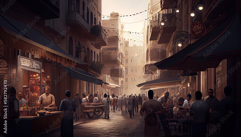 A bustling street, with people breaking fast and sharing food ramadan ...