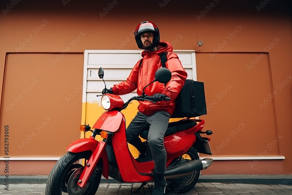 Fictional food delivery rider on a bike with isothermal case box ...