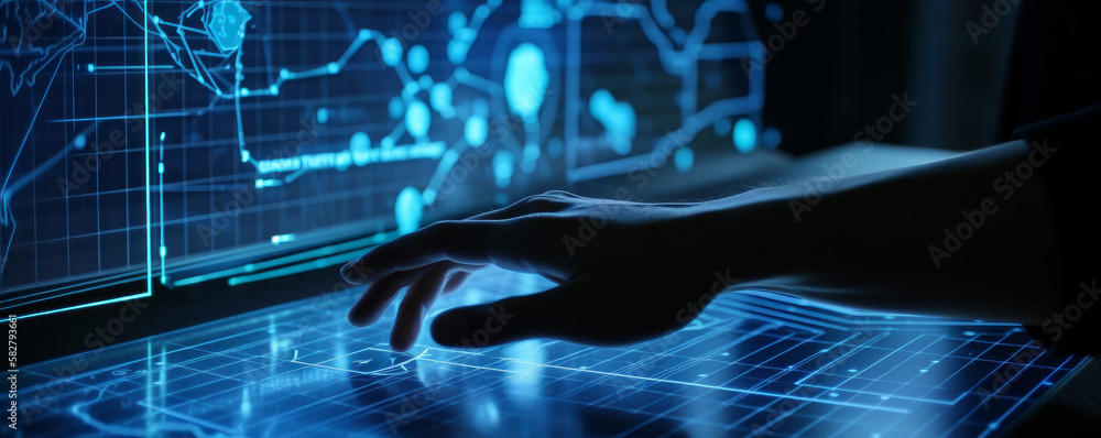 Pointing finger touching digital blue mesh of connections in front of a ...