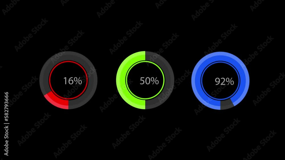 Three radial circular progress bars with different percentages. Bright ...