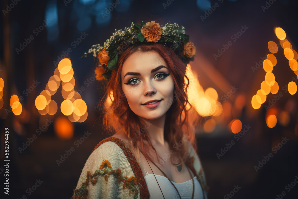 Beltane Celebration: Woman Participating in a Ritual Around a Bonfire ...