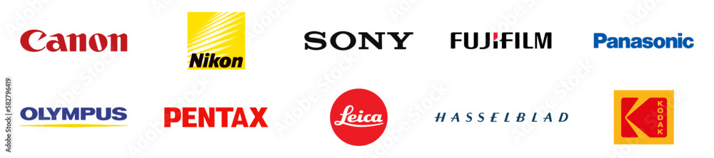 10 Best Camera Brands Today. Set of logos. Canon, Nikon, Sony, Fujifilm ...