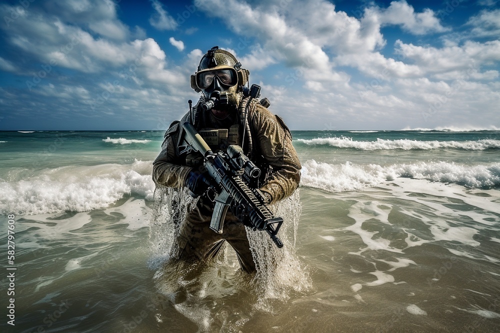 Navy SEAL Emerges from Ocean with AR-15 at Night, Generative AI Stock ...