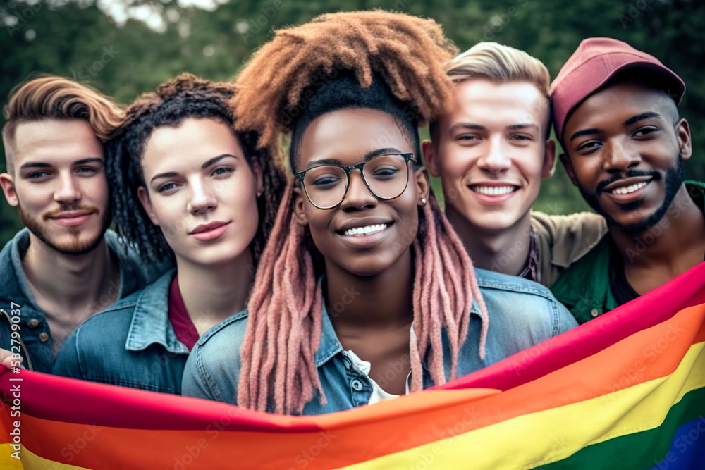 Multiethnic group of LGBTQ people standing together, holding and waving ...