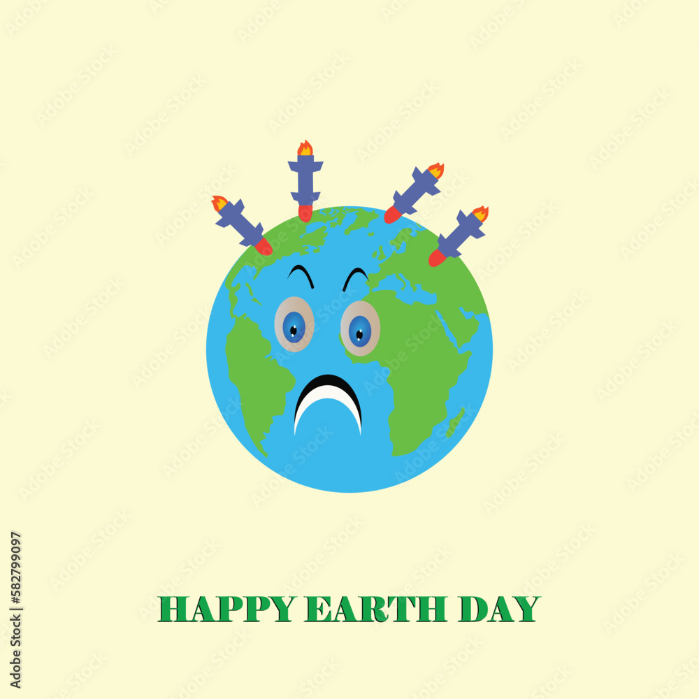 Happy earth day banner with sad face of earth, world shape, Missile ...