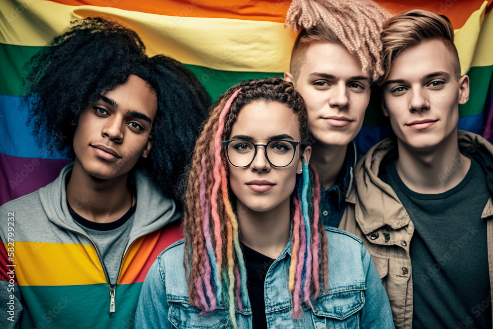 Diverse group of smiling young LGBTQ+ people multi-ethnic posing ...