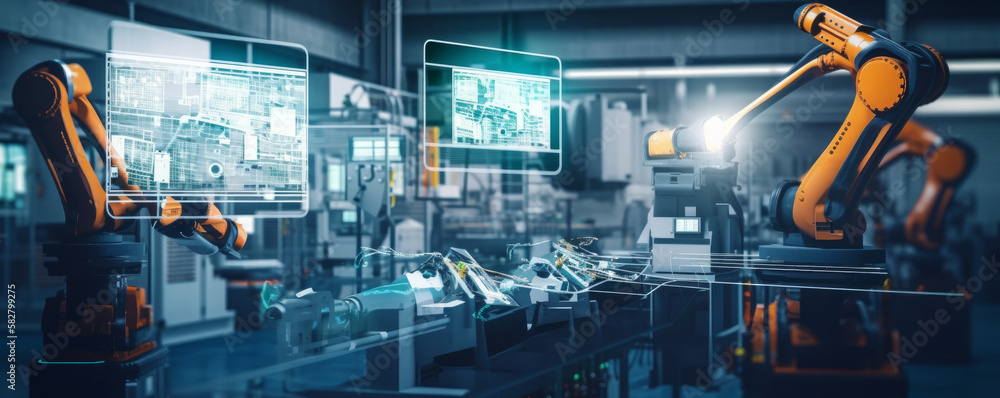 Industry 4.0 automation manufacturing process demonstrated by a smart industry robot arm in a ...