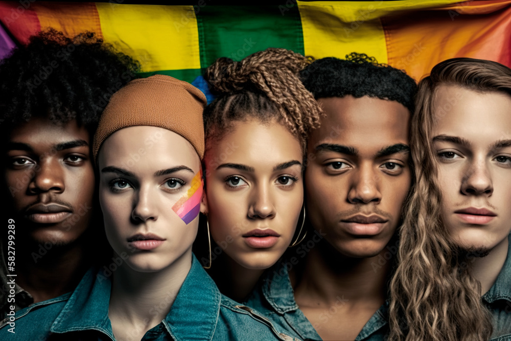 Diverse group of LGBTQ+ persons standing front of a rainbow flag ...