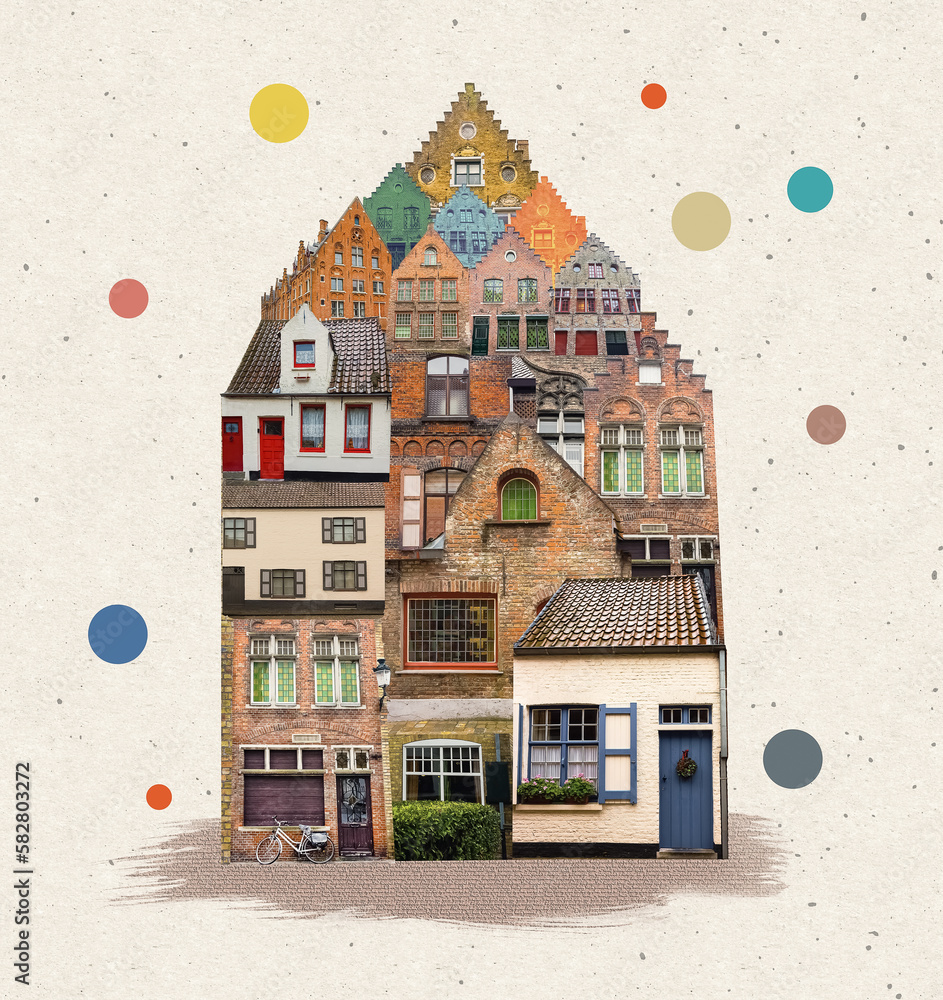 The collage from views of historic medieval buildings along a canal in ...