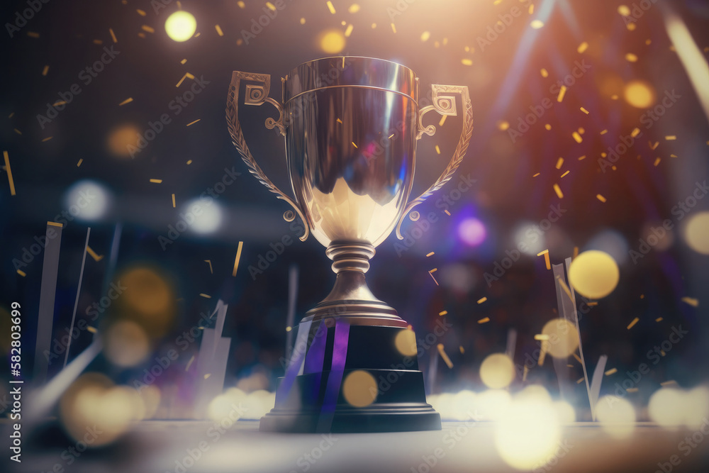 Golden champion trophy cup winner on blur bokeh dark lights background ...