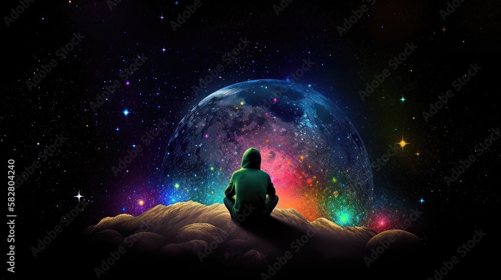 Un homme assis seul sur la lune regarde les étoiles colorées de l ...