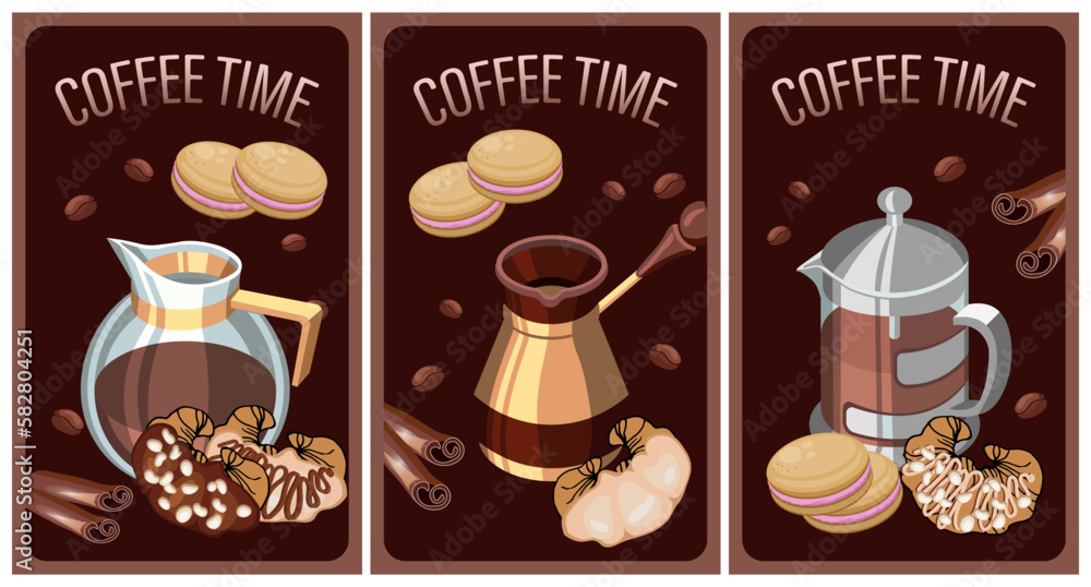 Coffee time poster set, coffee in coffee pots, cinnamon sticks, french ...
