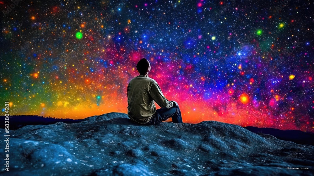 Un homme assis seul sur la lune regarde les étoiles colorées de l ...