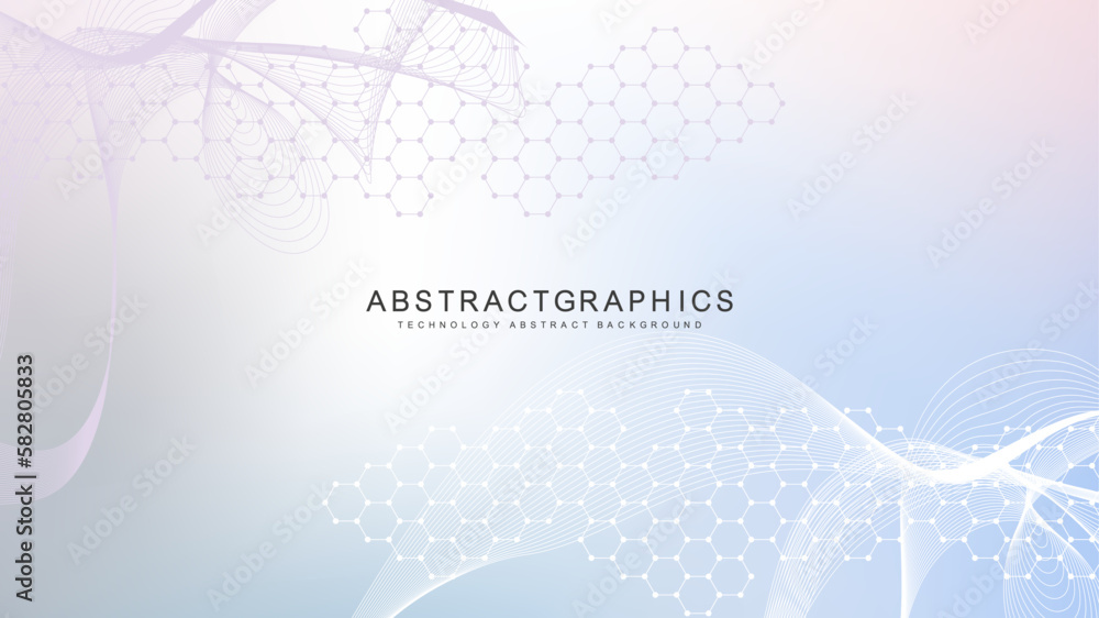 Modern scientific background with hexagons, lines and dots. Wave flow ...