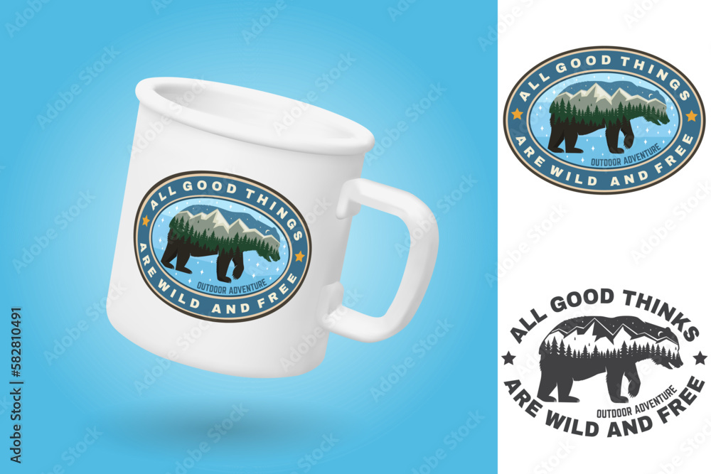 White camping cup. Realistic mug mockup template with sample design ...