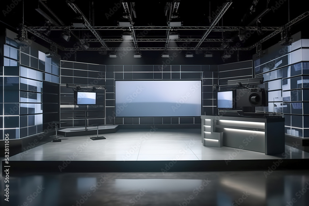 Tv studio set with cameras, desks and screens Stock Illustration ...