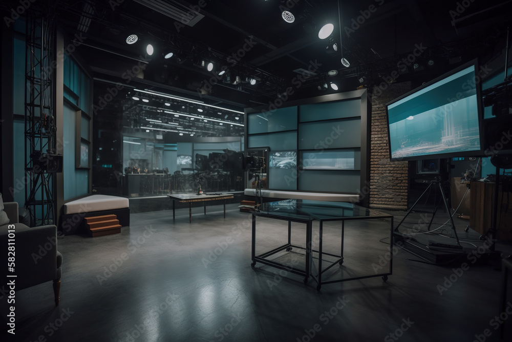 Tv studio set with cameras, desks and screens Stock Illustration ...