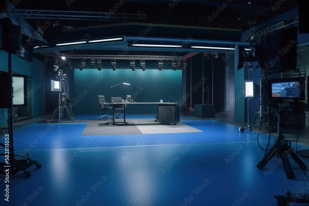 Tv studio set with cameras, desks and screens Stock Illustration ...