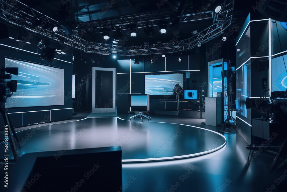 Tv studio set with cameras, desks and screens Stock Illustration ...