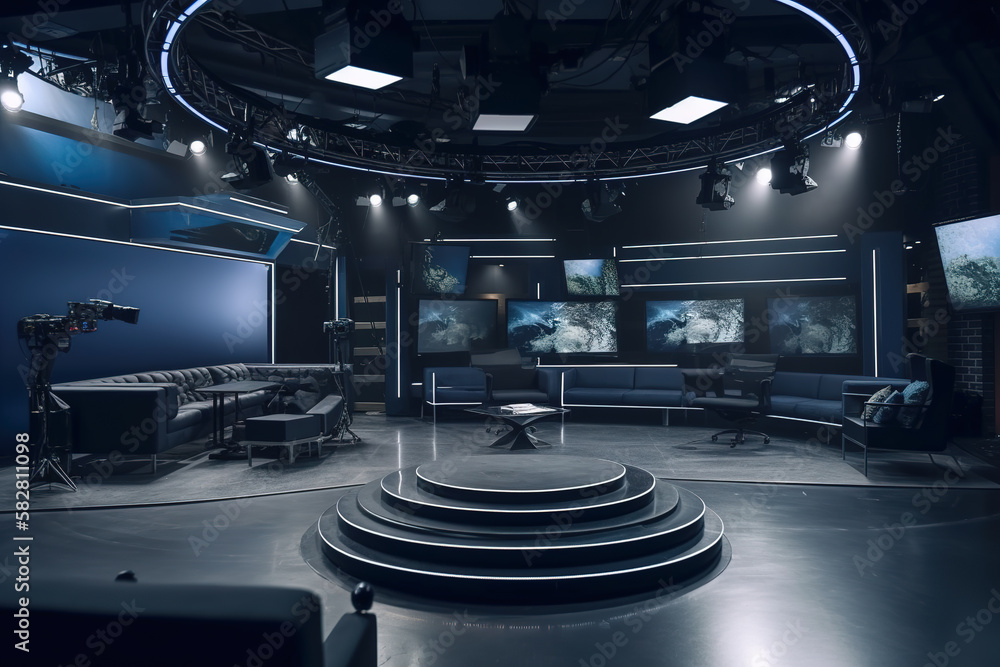 Tv studio set with cameras, desks and screens Stock Illustration ...