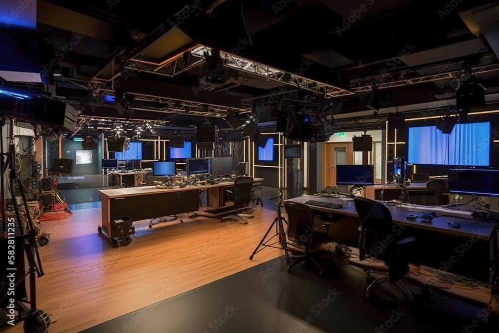 Tv studio set with cameras, desks and screens Stock Illustration ...