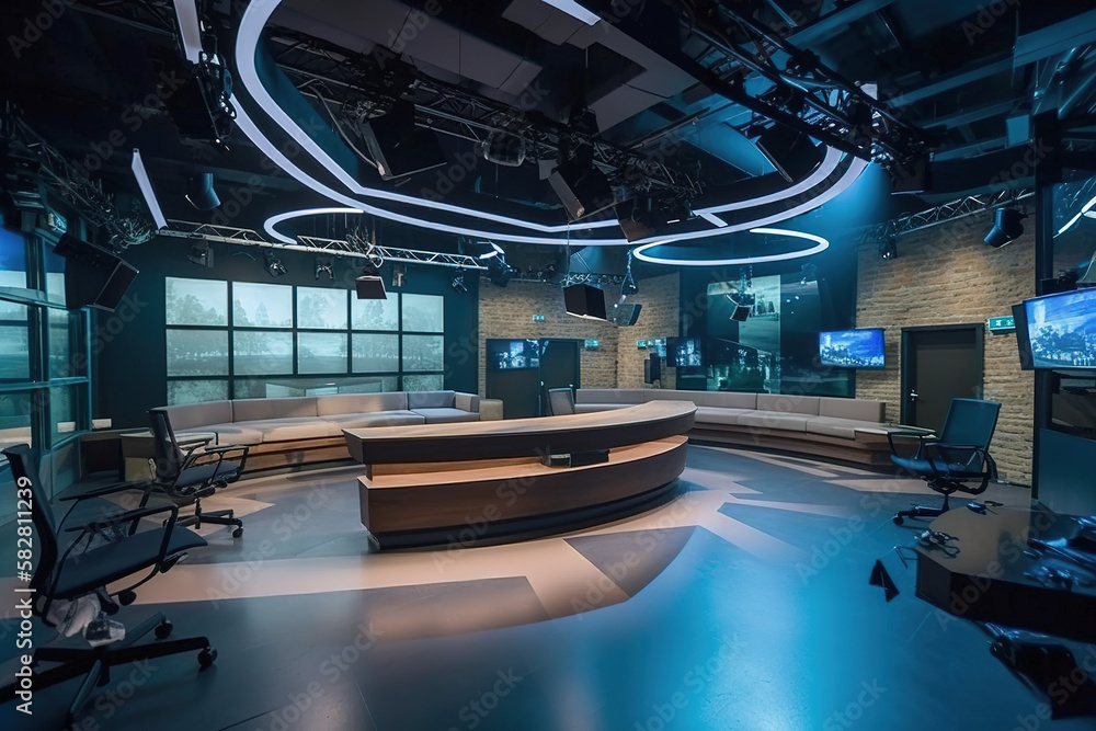 Tv studio set with cameras, desks and screens Stock Illustration ...