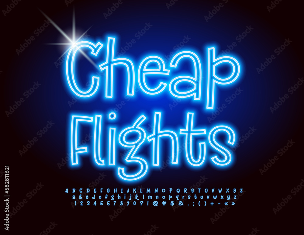 Vector promo advertisement Cheap Flights with Blue Neon Alphabet ...