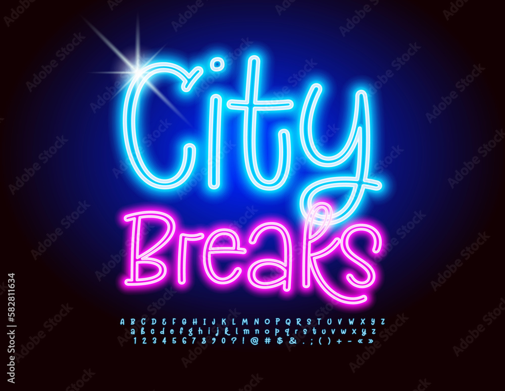 Vecteur Stock Vector playful banner City Breaks. Blue Neon Font. Set of ...