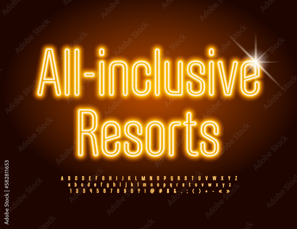 Vector electric signboard All-inclusive Resort with Yellow light Font ...