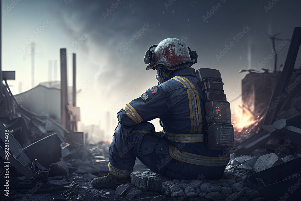 Firefighter in protective uniform standing in front of burning building ...