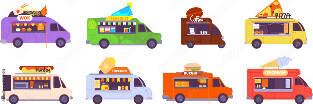 Catering trucks. Festival foodtruck, street cafe van food pushcart ...